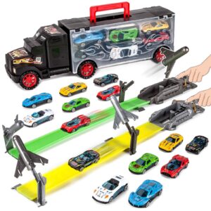 abincee toddler toys for 3-5 year old boys,toy truck carrier with 12 die-cast vehicles toy cars and 2 race tracks,gift for kids age 3 4 5 6 7