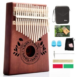 unokki kalimba 17 key thumb piano with ore steel tines, includes hard case, portable mahogany mbira with instruction, finger covers & tune hammer, gift for kids, adults, men and music lovers (cherry)