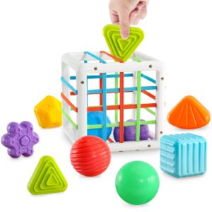 bobbybang montessori toys for 1 2 year old boy girl,baby sorter toy colorful cube and 8 pcs multi sensory shape, learning sensory bin for 1 2 year old,toys for 1-2 year old,gifts for 10 month and up