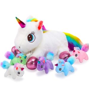 sumind rainbow unicorn mommy stuffed animal with 5 cute baby unicorns in her tummy plush toy for mama girls baby toddler kids 3 4 5 6 7 8+ yearchristmas birthday gifts(adorable style,white)