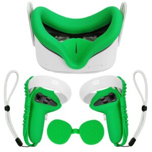 tomsin touch controller grip cover for oculus quest 2 with silicone face cover, protective lens cover, silicone handle strap combo, sweatproof lightproof anti-throw accessories set (green)