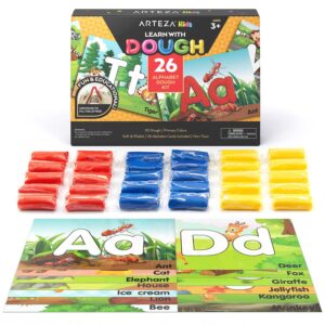 arteza kids play dough, alphabet learning kit, 30 pieces air dry clay, 0.8 oz, red, yellow, and blue, 26 alphabet cards, art and craft supplies for kids