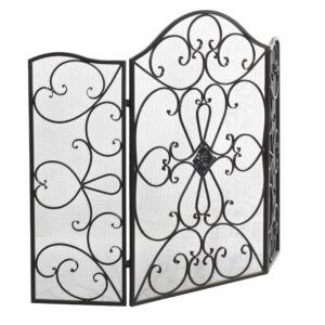 deco 79 metal scroll foldable 3 panel fireplace screen with mesh netting, 49" x 1" x 36", black