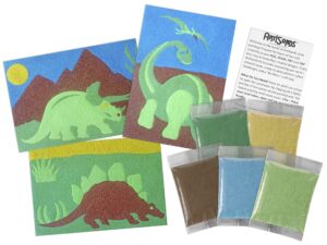 activa artisands dinosaurs sand art board craft kit, 3 designs & 5 sand colors | no scissors, no glue, no mess!