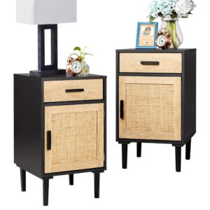 finnhomy tall nightstands set of 2, night stand, bedside table set of 2 with drawer and shelf, hand made rattan decorated doors, nightstands with storage for bedroom, black, 2 pack