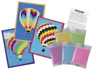 activa artisands up and away sand art board craft kit, 3 designs & 5 sand colors | no scissors, no glue, no mess!