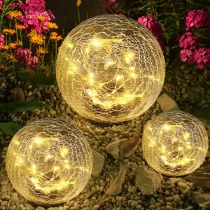 solar lights garden outdoor,cracked glass ball waterproof warm white led gifts for garden decoration balcony patio walkway landscape 1 globe (3.93")