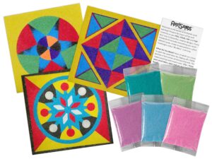 activa artisands geometrics sand art board craft kit, 3 designs & 5 sand colors | no scissors, no glue, no mess!