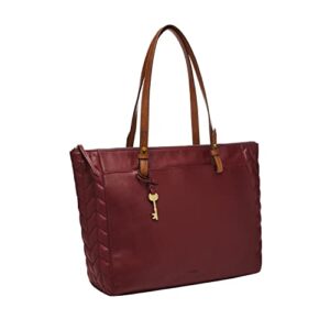 fossil women's rachel leather tote bag purse handbag, wine w/ quilted gussets (model: zb1652609)