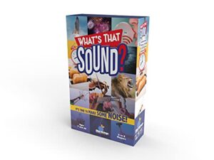 blue orange games what's that sound? a sound-mimicking party game for kids and adults of all ages, 3 to 6 players.