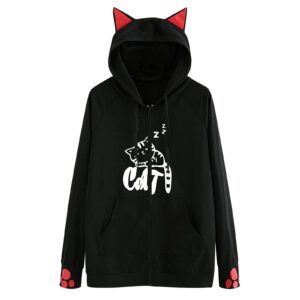 women teen girls cat hoodie sweatshirt sweater coats cute cat ear sleeping cat printed pullover long sleeve sweatshirt