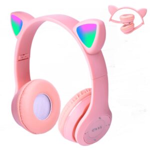 bluetooth cat ear kids headphones with mic, arvin wireless/wired foldable over-ear headset with led light up & 85db volume limited for school, online learning, boys, girls, children, tablet, ipad & pc