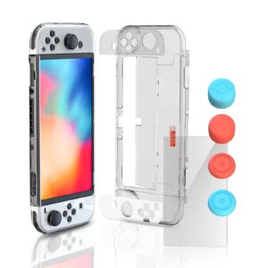 switch oled protective case, switch oled hard shell case with tempered glass screen protector and 4 thumb grips