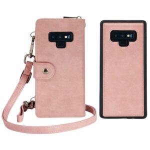 modos logicos crossbody bag for samsung galaxy note 9 6.4", [shoulder wrist straps] [zipper storage] [11 rfid card slots 3 id window] pu leather purse with removable inner magnetic tpu case - rosegold