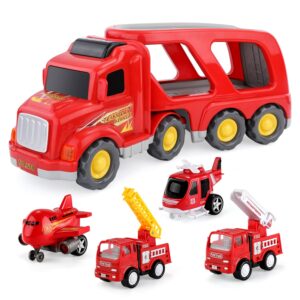 domibag fire truck toys for 3 4 5 years old boys kids toddlers, ambulances vehicles toy set, large transport car go truck, car carrier vehicle toddler toys, christmas birthday gifts for kids