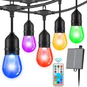 waterproof 48 ft rgb solar string light outdoor with 16 s14 e26 shatterproof led bulbs, solar powered patio lights string with remote control for backyard garden party.