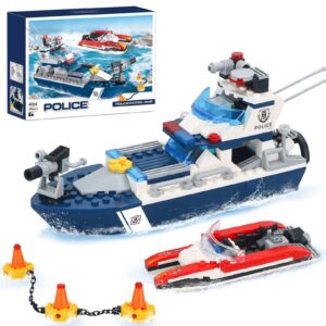 cogo man city police patrol boat building blocks with race boat, coast guard ship cop chase crook boat building toys, police toy gift for boys kids aged 6-12, 285 pieces