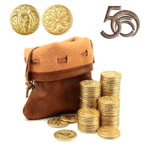 50 pcs gold coins & pu leather bag, dnd metal coins, fantasy coins treasure for board games, fake coins as game tokens for dungeons & dragons, tabletop ttrpg games medieval retro accessories addons