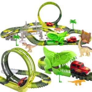 288 pcs dinosaur race car tracks set for kids,flexible train tracks to create a dino world road with bridge, 2 electric race cars best gift for toddlers boys and girls