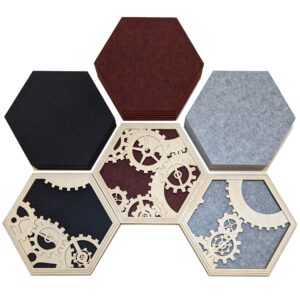 now spinning curated pack - 16 acoust-hex sound absorbing panels with 3 artistic wood diffuser patterns hexagon tiles (gears - maroon, grey, black)