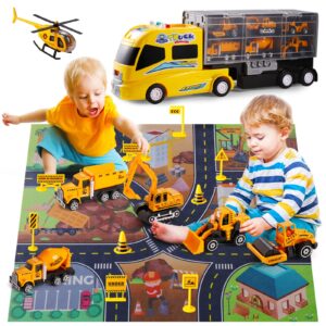 construction truck toys kids with game mat, carrier truck alloy engineering vehicle truck toy set, excavator, dump tractor helicopter die cast christmas birthday gifts for kid toddler child age 3 4 5