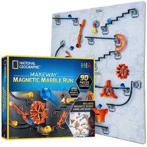 national geographic magnetic marble run - 90-piece stem building set for kids & adults with magnetic track & trick pieces, marbles & magnet board for building a marble maze anywhere