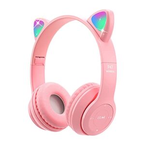 wireless cat ear headphone, kids headphones with mic&led light up cat, 85db safe volume limited, foldable kitty headpones for online learning, school, travel, tablet, smartphone - support 3.5mm audio