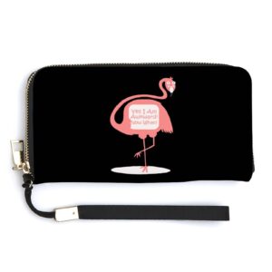 funny awkward flamingo women's travel wristlet wallet long purse card holder handbag with zipper