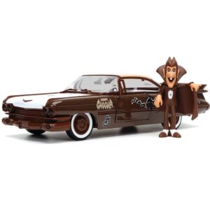 jada 1959 cadillac coupe deville brown and white with graphics and count chocula diecast figurine hollywood rides series 1/24 diecast model car