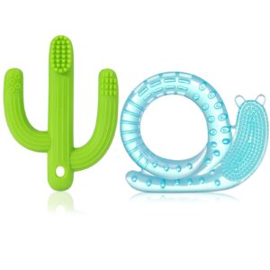 silicone baby teething toys cold frozen teethers toys soothe infant baby teething relief chew toys, bpa free training toothbrush for babies 0-18 months - cactus and snail