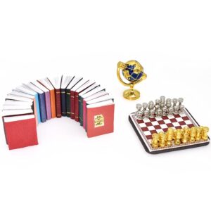 iland miniature dollhouse accessories for dollhouse furniture, mini book globe chess set for dollhouse study room (classic 22pcs)