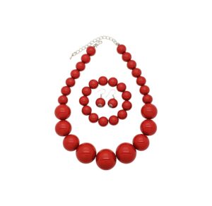 ba unique fashion women's chunky large simulated pearl statement necklace, bracelet, earring set (barn red)