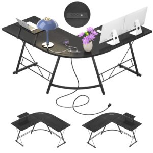 ecoprsio l-shaped desk, corner desk with outlets and usb ports, large l computer desk with reversible monitor stand, 51 inch l shaped gaming desk for gaming room, home office, workstation, black