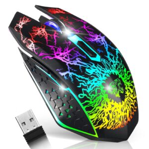 vegcoo wireless gaming mouse, rechargeable gaming mouse, silent optical mice with 2.4g usb receiver, 3 level dpi, 6 buttons, 7 colors led lights for pc/mac gamer, laptop and desktop