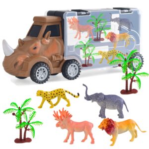 tcvents toys for 3 + year old boys girls, car toys carrier trucks for kids 5-7 gifts - rhino truck transport carrier toy playset with animal toys & accessories for kids birthday