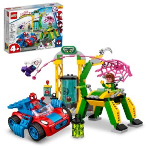 lego marvel spidey and his amazing friends spider-man at doc ock’s lab 10783 building kit; super-hero playset with spider-man, a vehicle and 2 other minifigures; gift for kids aged 4+ (131 pieces)