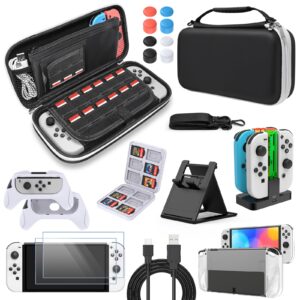 accessories bundle for switch oled, all in 1 accessories kits for switch oled 2021 model：case & screen protector, hand grips & racing wheels for joy con, controller charger dock, carrying case & more