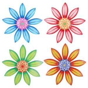 lingsfire metal wall art decor, 4 pack metal flowers wall decor 6.7 inch colorful metal flower decor sculpture indoor outdoor hanging wall decor for home bedroom kitchen garden pool fence