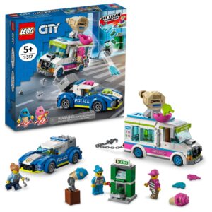 lego city ice cream truck police chase van 60314 toy for kids, girls and boys age 5 plus years old with splat launcher & city police car