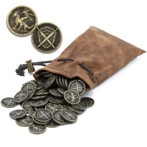 casematix metal coins and pouch for tabletop rpg board games - 100 dnd coins fantasy coins with dragons & sword and shield engraving, metal tokens for board games with pu leather bag