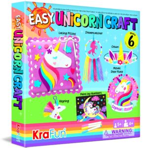 krafun unicorn arts & crafts kit for girls beginner, includes 6 creative activities, no sew lacing pillow, sew, coloring, dreamcatcher, mosaic charm, paper materials, instructions & felt, kid gift