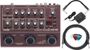 boss ad-10 acoustic preamp bundle with roland power adapter, 10ft instrument cable, 6in patch cable, and picks