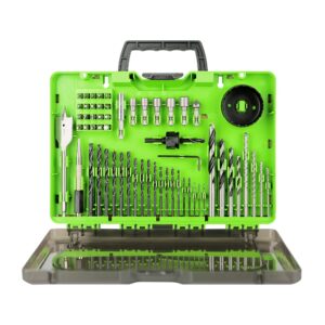 greenworks 60 piece black oxide drilling and driving bit set with modular case for wood, metal, plastic, and masonry,3x longer life,135° split point,precision-milled