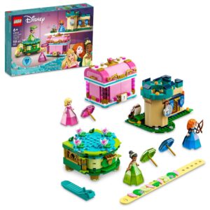 lego disney princess aurora, merida & tiana’s enchanted creations 43203 diamond dress set with 2 buildable jewelry boxes, pencil holder, dots bracelet and mini-dolls