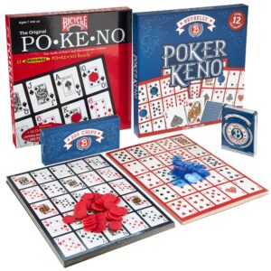 mbgbrybelly po-ke-no + expansion cards bundle for 24 players - 24 unique jumbo index game boards, 400 chips and deck of playing cards - pokeno family casino board game night gift set