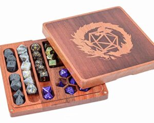 3degos portable dragon wooden dice box, dice tray for dungeons and dragons, dnd dice set, gifts, d&d, d and d, pathfinder, accessories, d20, polyhedral, resin dice, metal dice, bag, tower