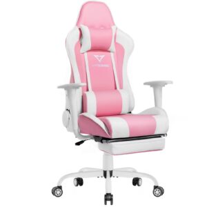 vitesse pink gaming chair with footrest cute kawaii gaming chair for girl gamer chair ergonomic office desk chair racing chair adjustable high back chair with lumbar support and headrest,pink/white