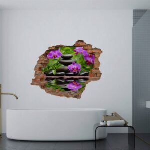 purple orchid in garden 3d hole in wall wall sticker decal vinyl 3d vinyl peel and stick removable home flower wall stickers mural smashed wall art removable poster vinyl decals for bedroom,32'' pn430