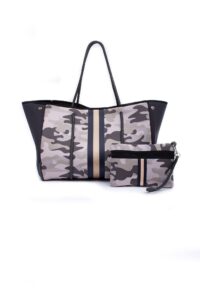 greyson safari tote by haute shore, green camo w/black & gold stripe, one size