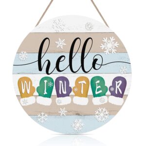 chditb hello welcome winter door sign decoration(12"x12"), round colourful new year wall hanging decor with snowflake gloves mitten, rustic christmas holiday door hanger for front porch farmhouse